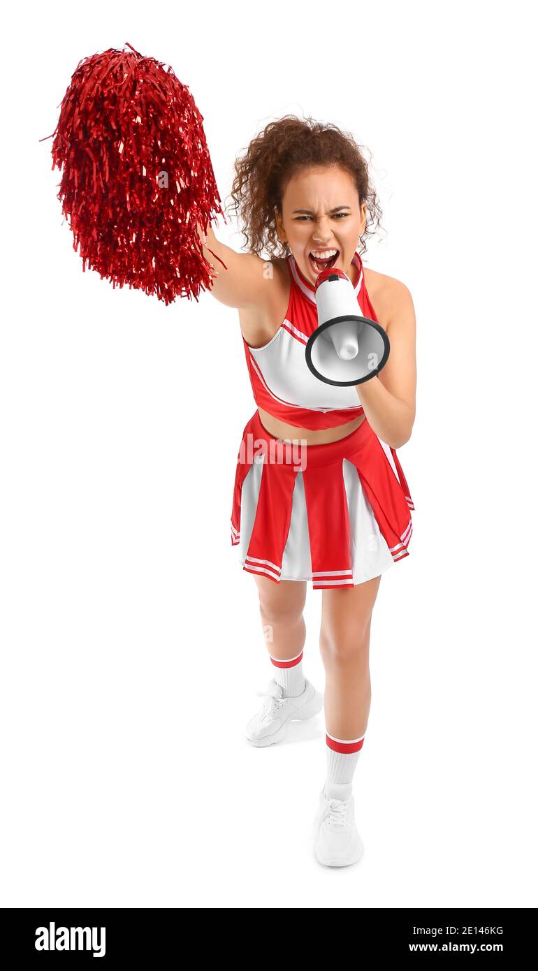 Beautiful young cheerleader with megaphone on white background Stock ...