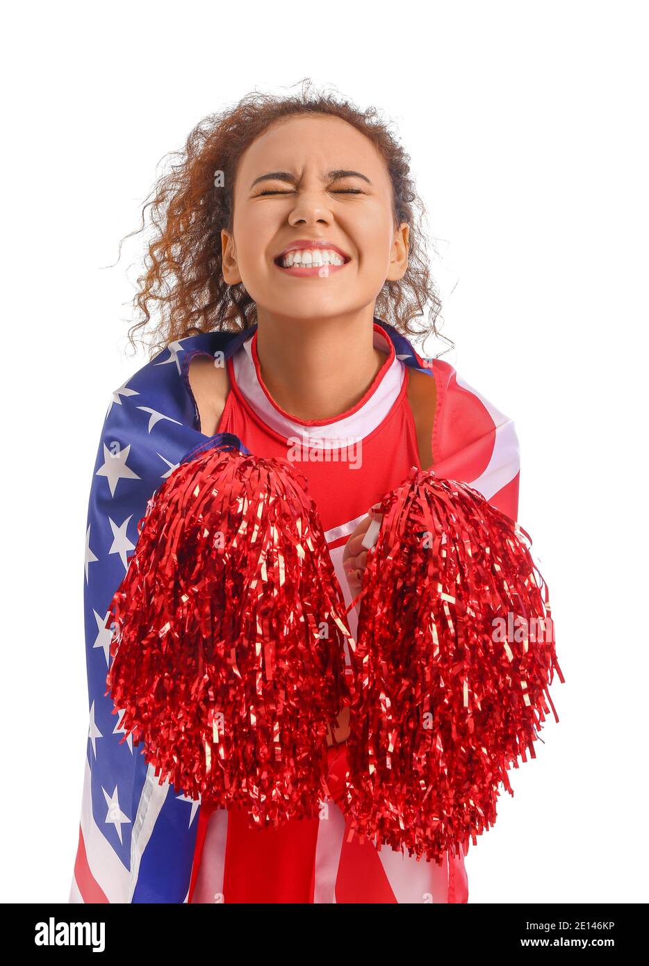 Emotional cheerleader with USA flag on white background Stock Photo - Alamy