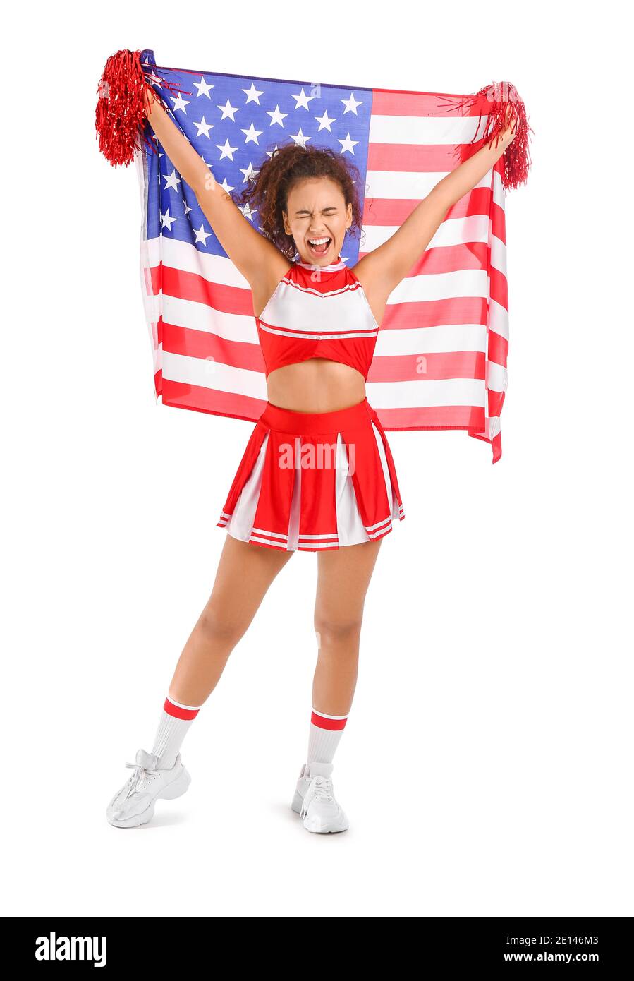 Emotional cheerleader with USA flag on white background Stock Photo - Alamy