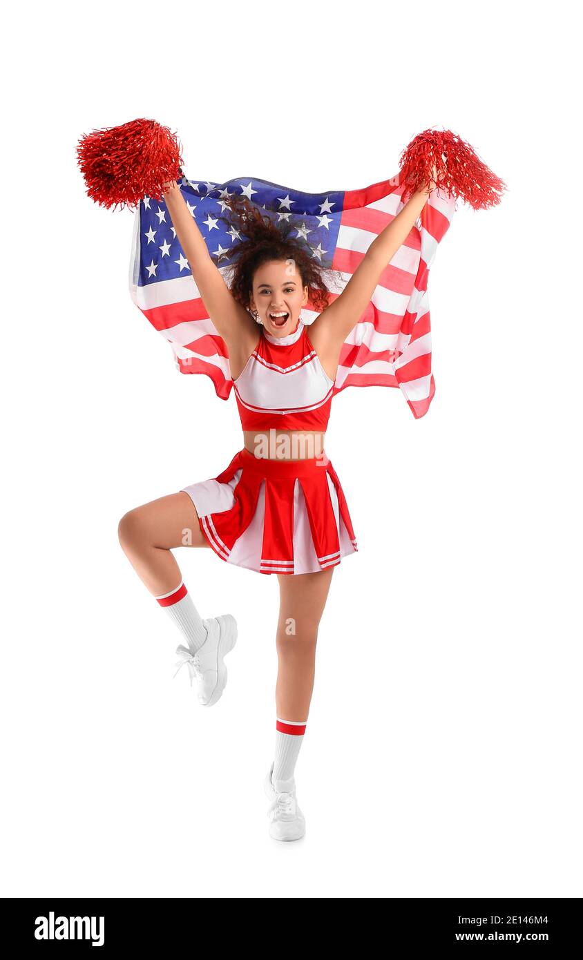 Beautiful young cheerleader with USA flag on white background Stock ...