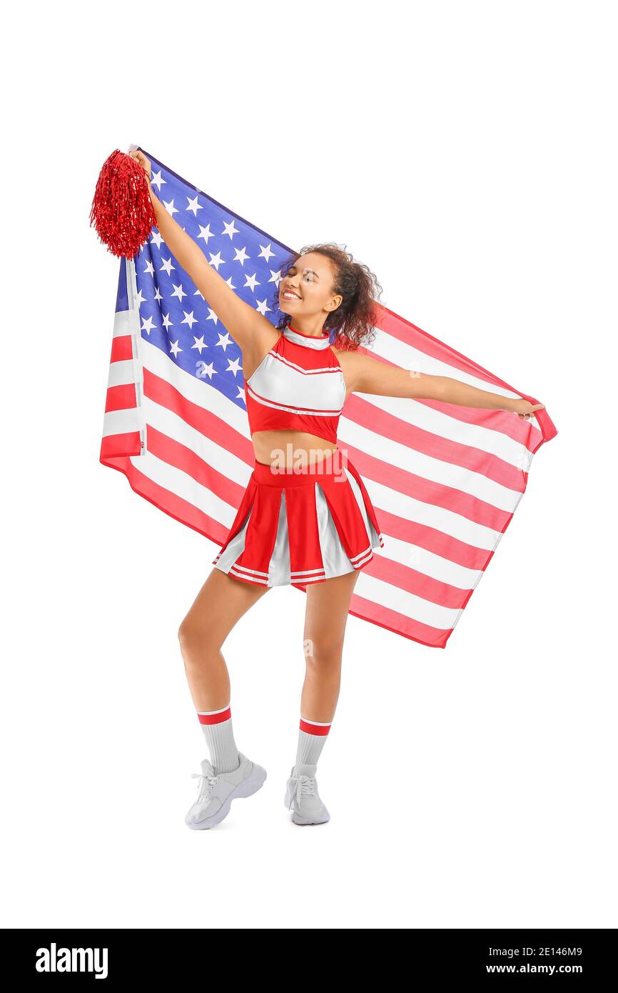 Beautiful young cheerleader with USA flag on white background Stock ...