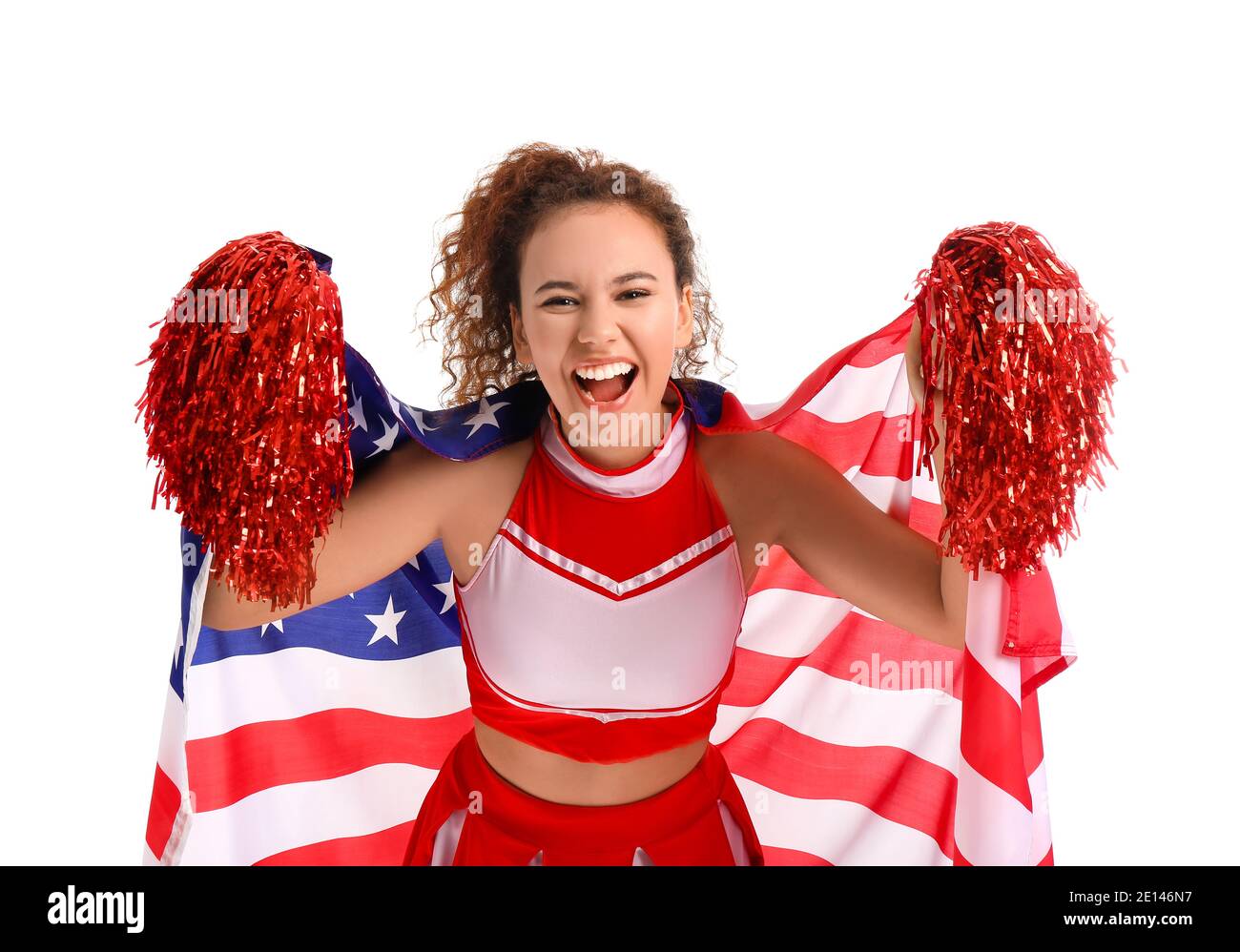 Emotional cheerleader with USA flag on white background Stock Photo - Alamy