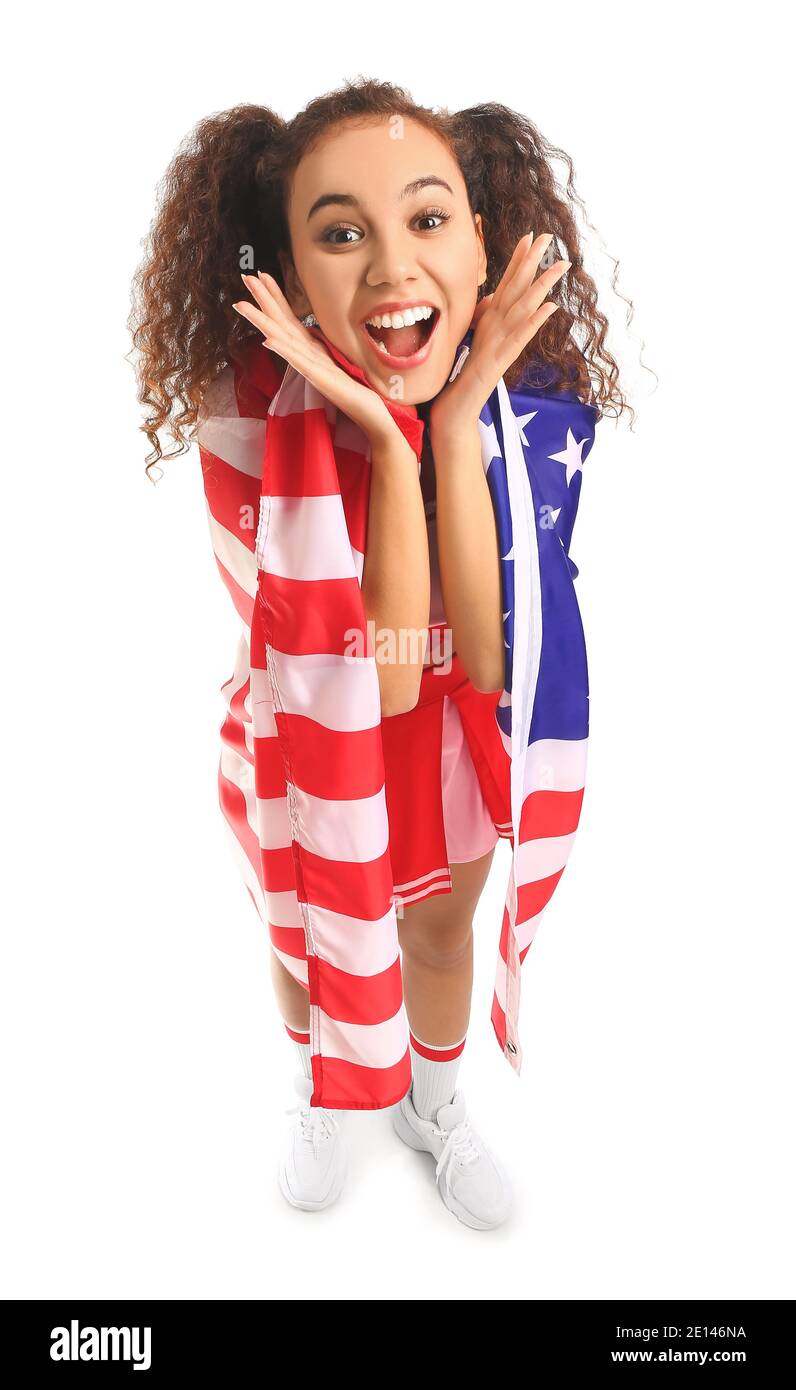 Emotional cheerleader with USA flag on white background Stock Photo - Alamy