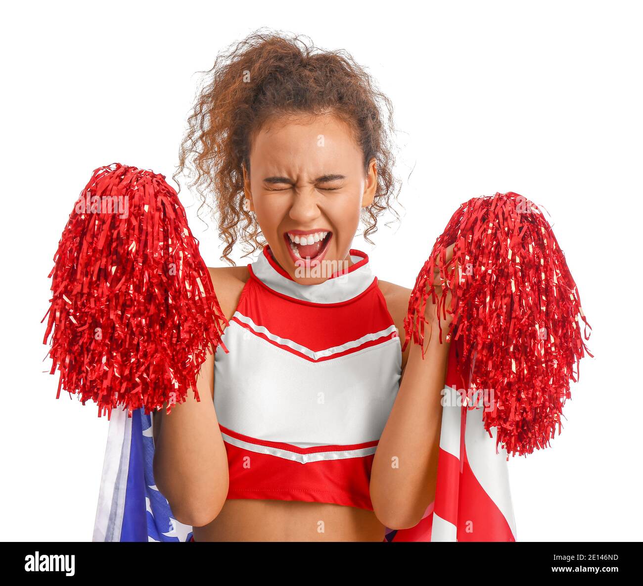 Emotional cheerleader with USA flag on white background Stock Photo - Alamy