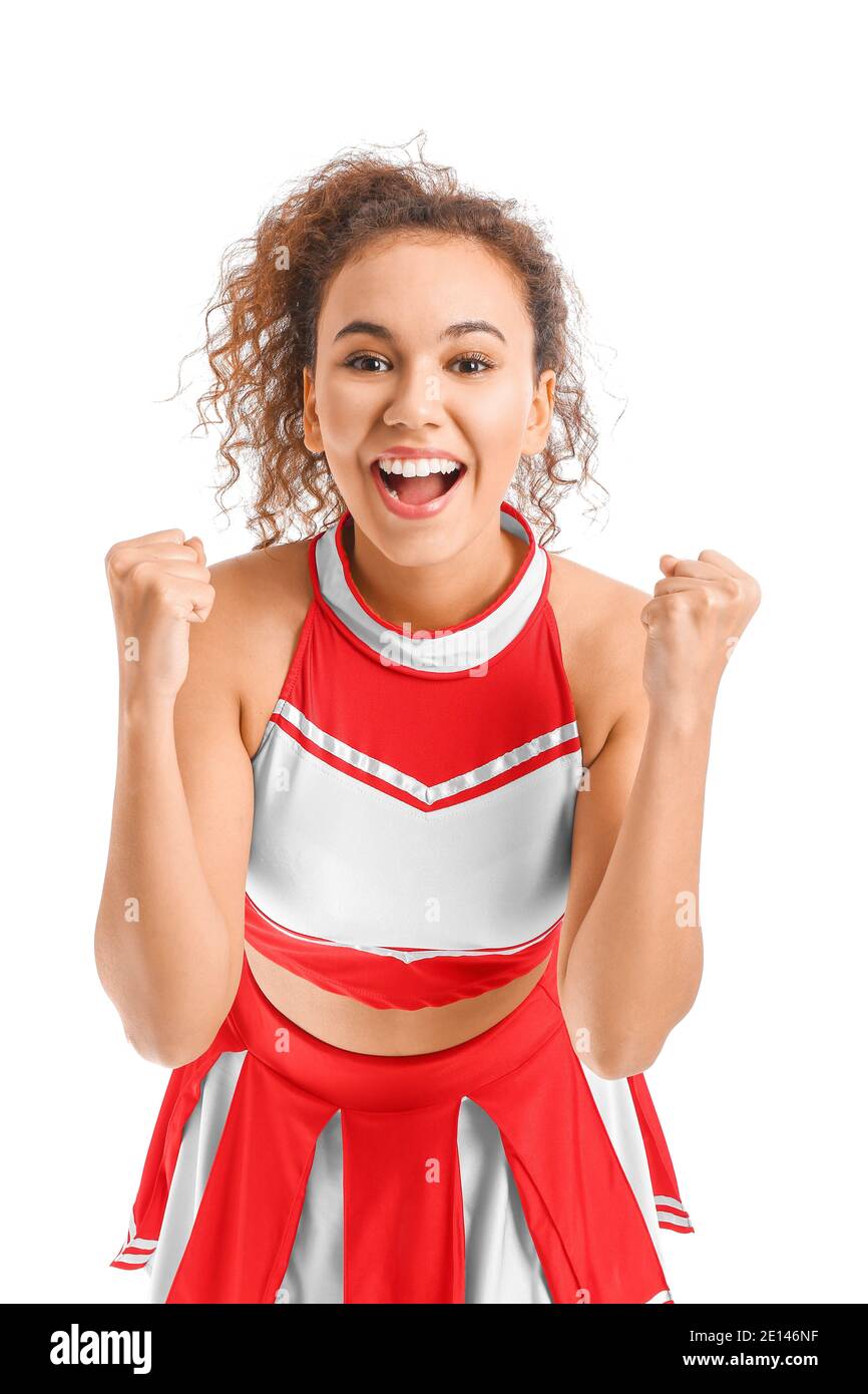 Emotional cheerleader on white background Stock Photo - Alamy