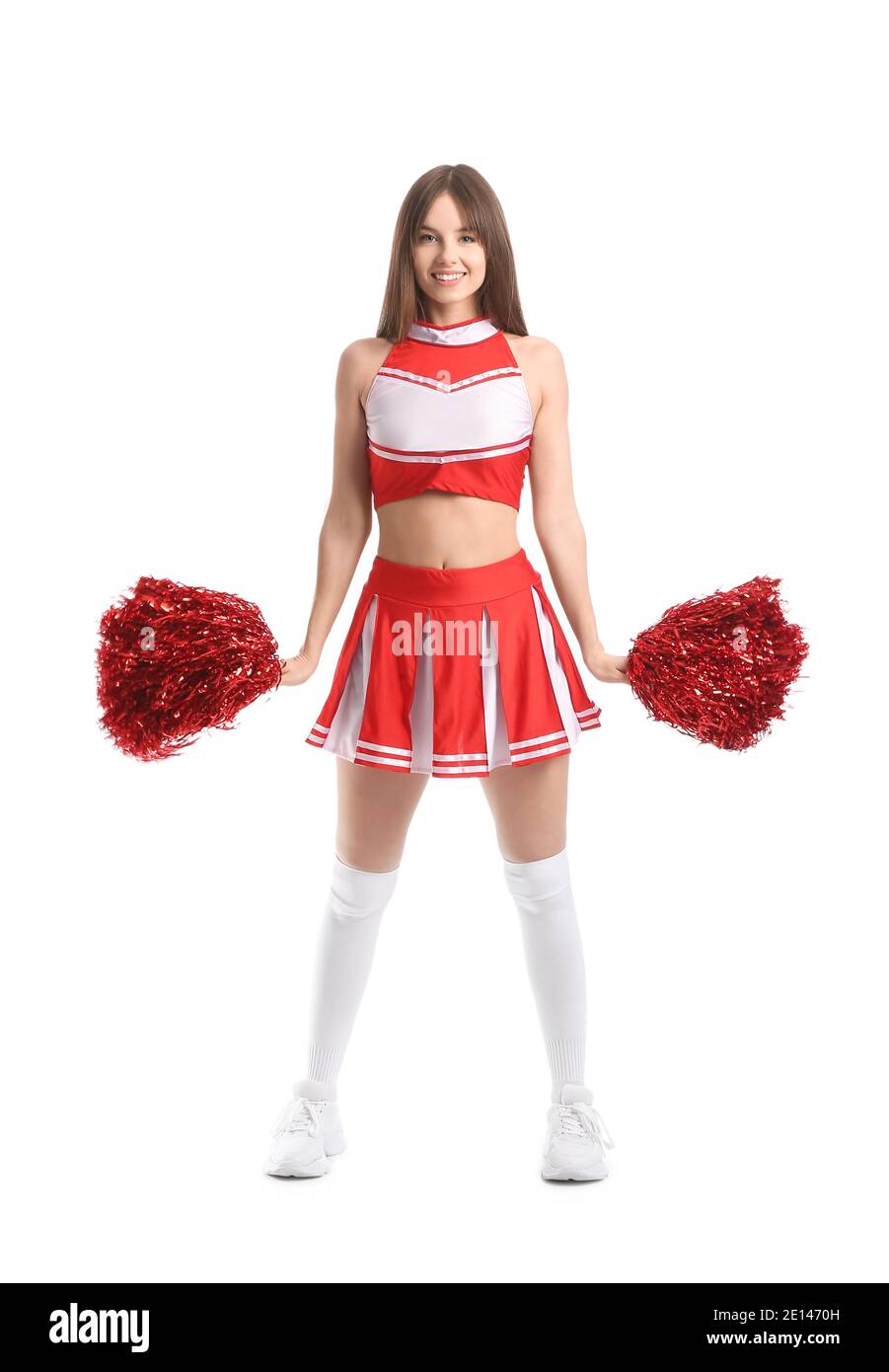 Beautiful young cheerleader on white background Stock Photo - Alamy