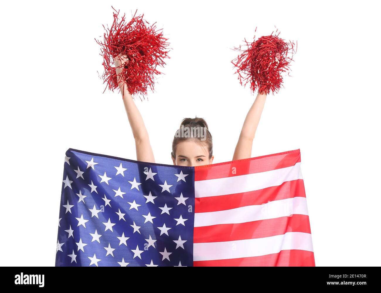 Beautiful young cheerleader with USA flag on white background Stock ...