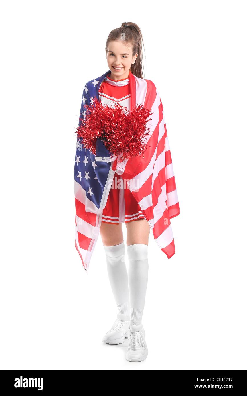 Beautiful young cheerleader with USA flag on white background Stock ...