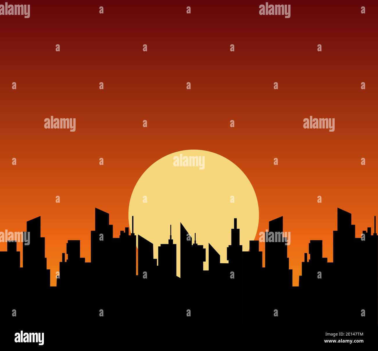 Setting sun over city skyscrapers. Silhouettes black panoramic ...