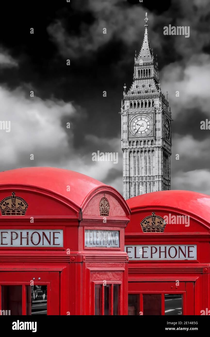 London symbols with BIG BEN and red Phone Booths in England, UK Stock ...