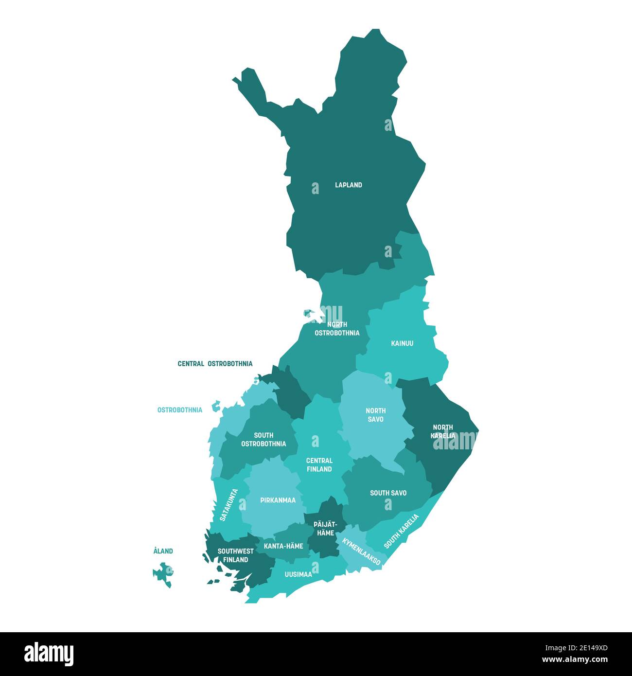 Turquoise blue political map of Finland. Administrative divisions ...