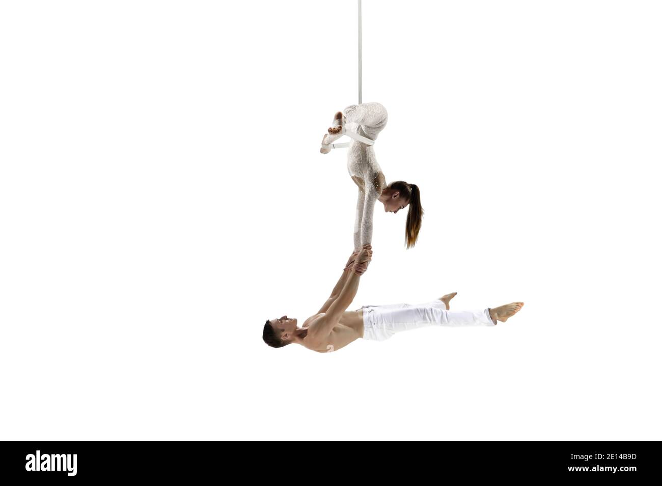 Weightless Couple Of Acrobats Circus Athletes Isolated On White