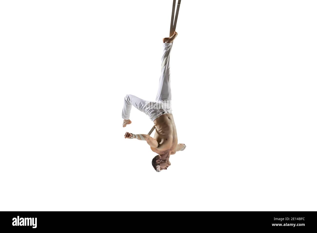 Free falling. Young male acrobat, circus athlete isolated on white ...