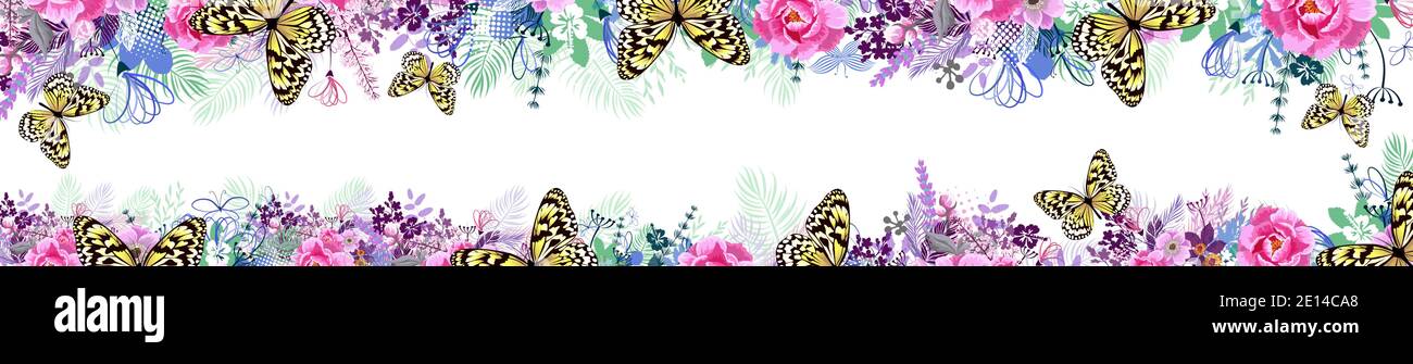 A long horizontal frame with butterflies. site header. Vector ...