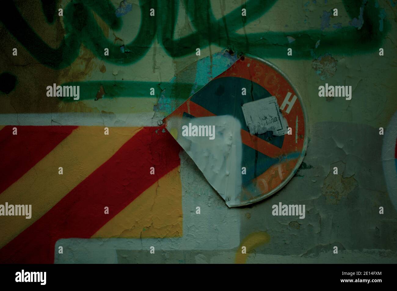 Old wall with graffiti and damaged No Entry sign Stock Photo - Alamy