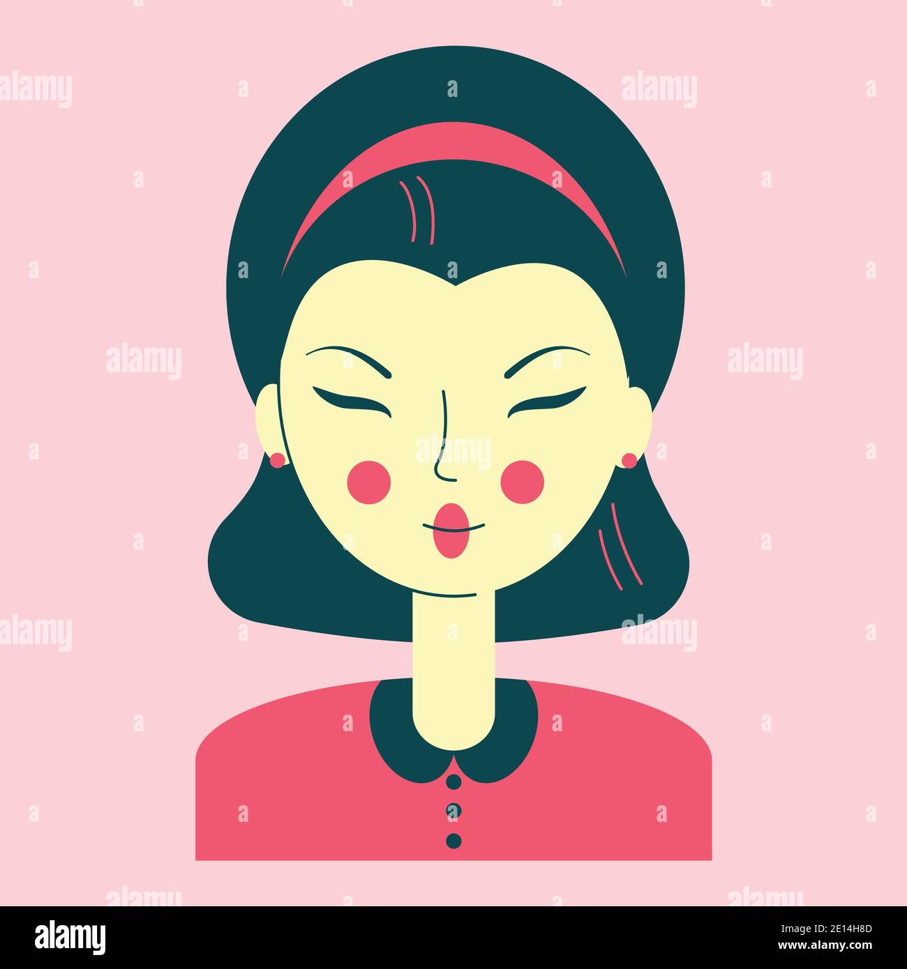 Portrait of a young Asian woman, avatar pink color, face with narrow ...