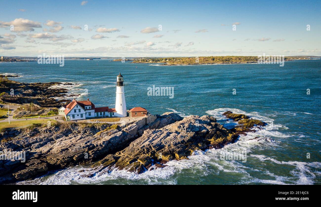 Aerial view of the historic Portland Head Light in Cape Elizabeth ...