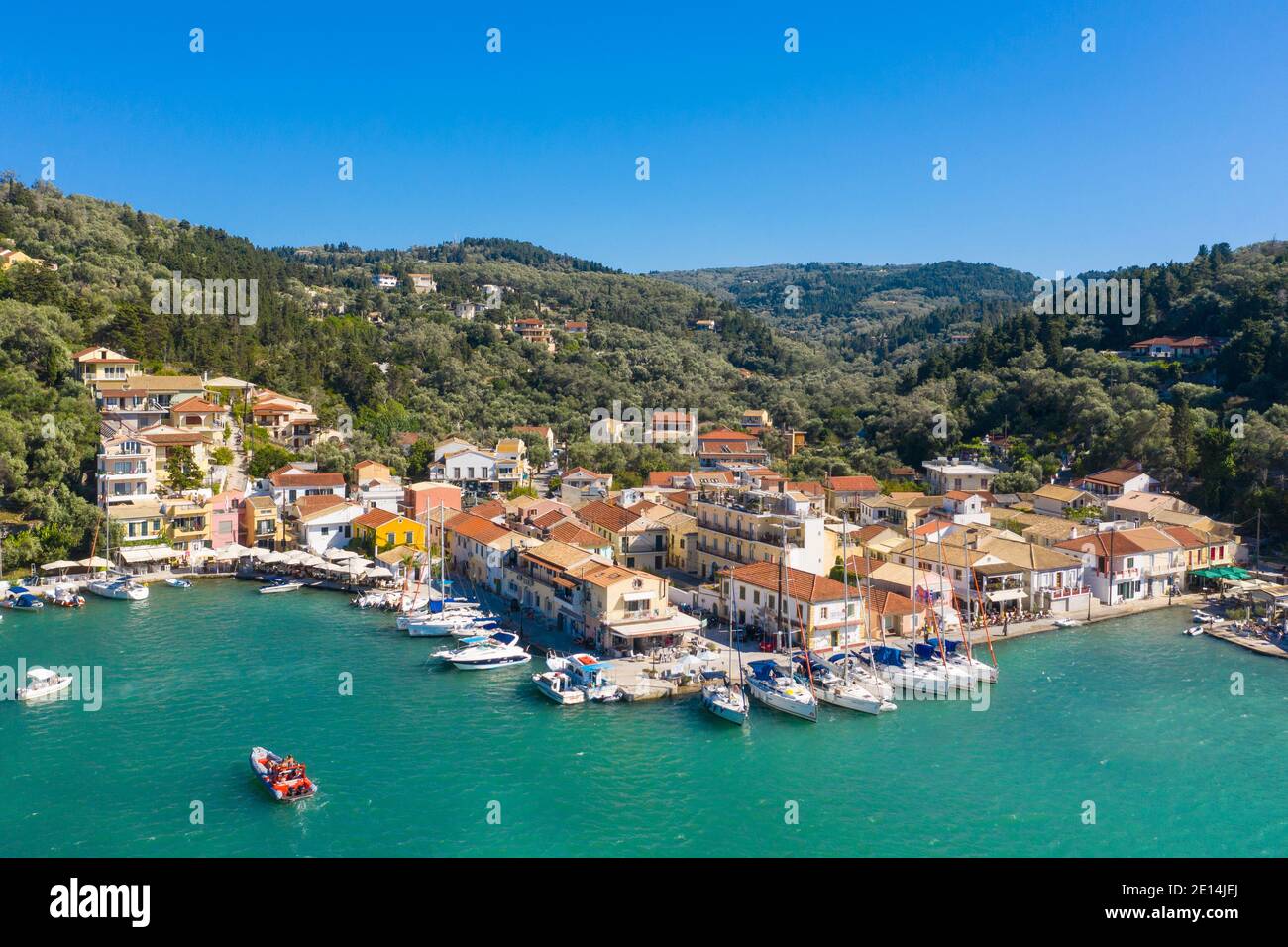 Aerial view of the seaside village of Lakka on the north coast of Paxos ...