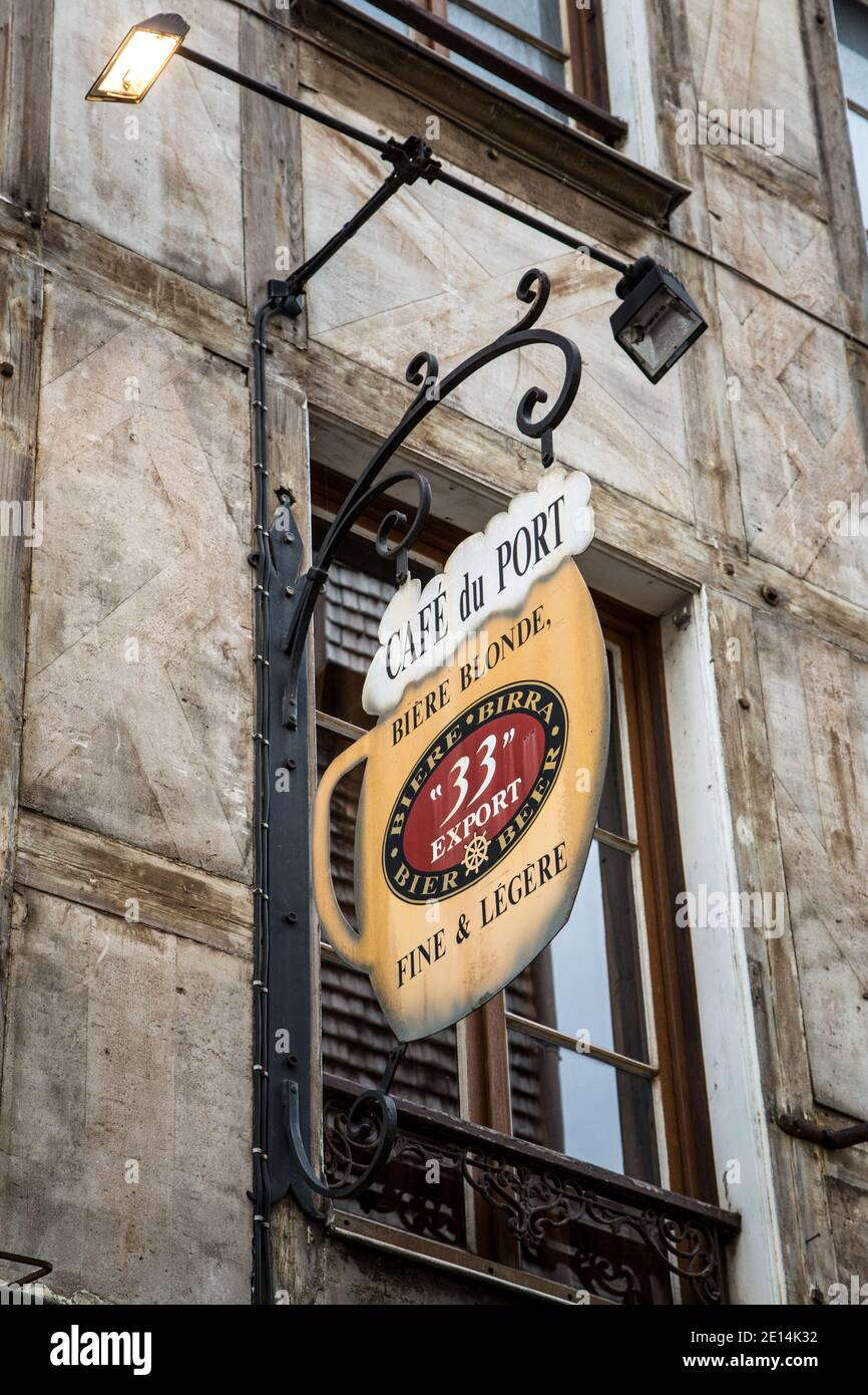 Honfleur Normandy May 5th 2013 : Bar sign in the old harbour town of ...