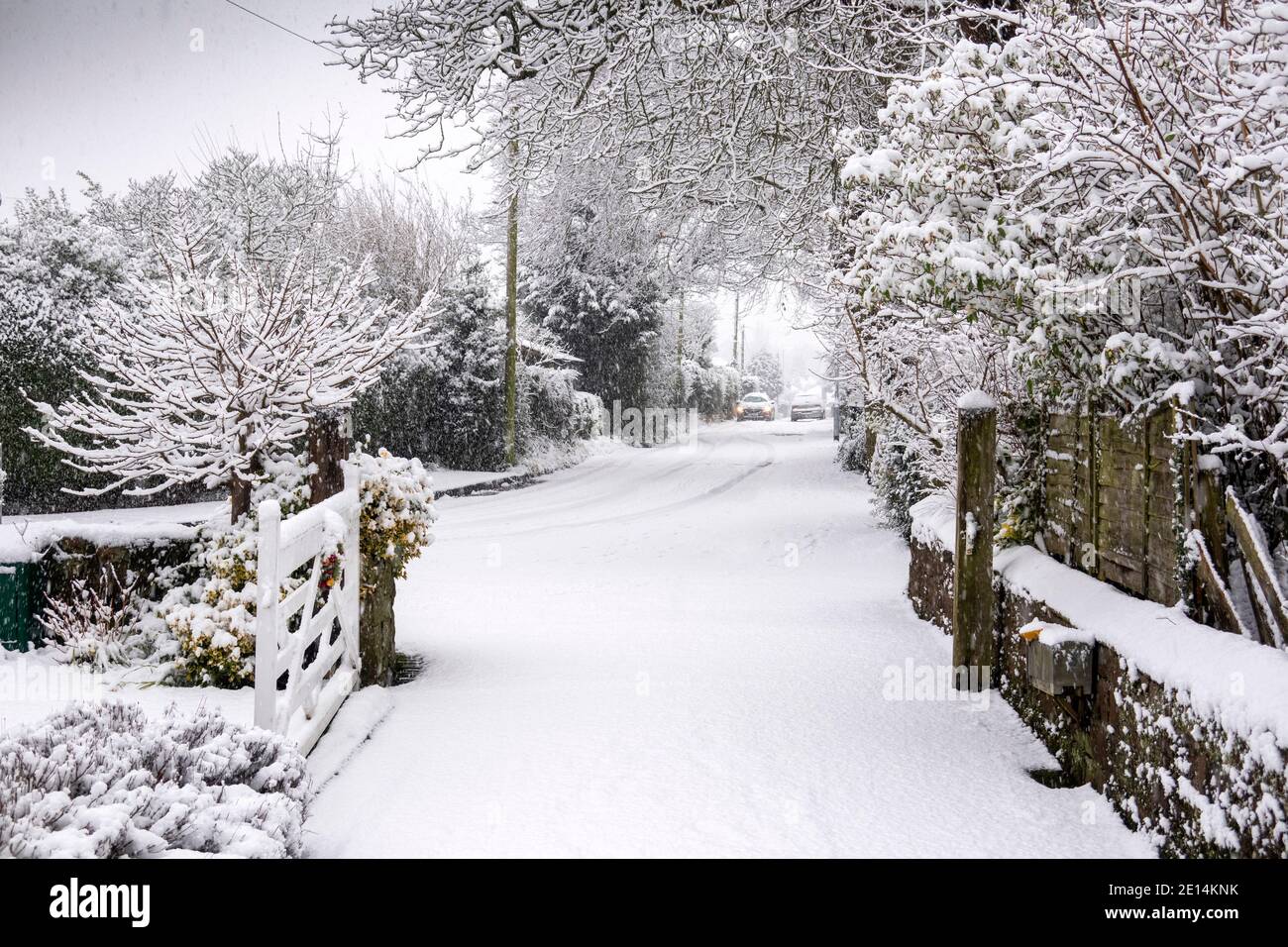 UK, England, Cheshire, Congleton, Boundary Lane covered with snow in ...