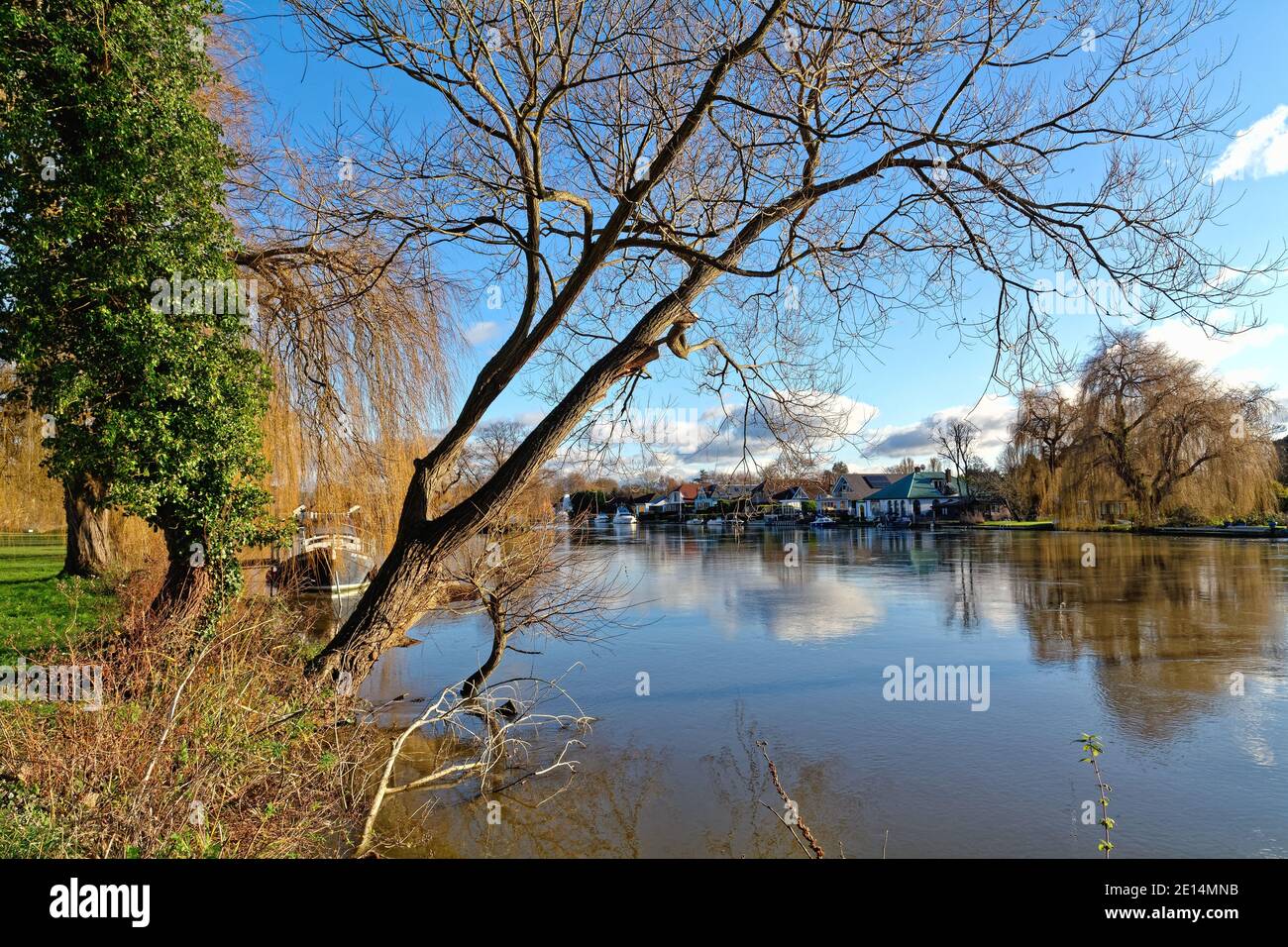 The riverside and River Thames at Shepperton on a bright sunny winters ...