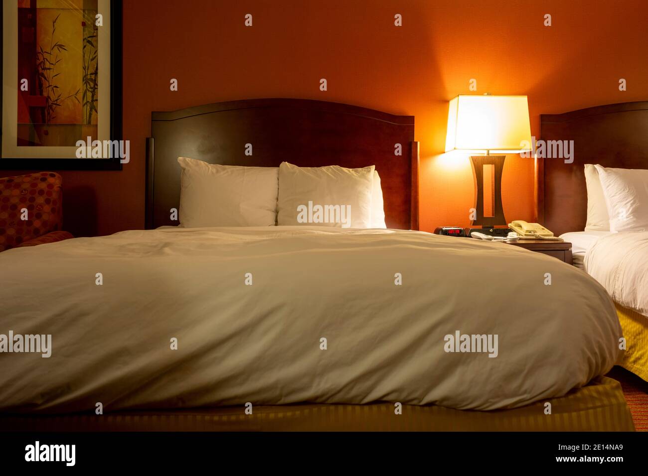 View of a comfortable hotel room with warm and relaxing colors Stock ...