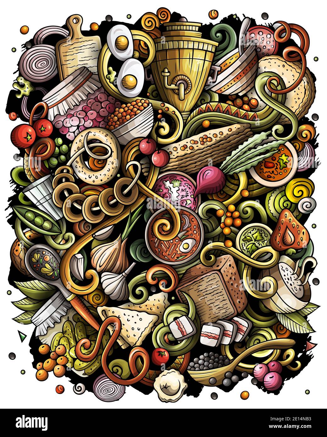 Russian food hand drawn raster doodles illustration. Russia cuisine ...