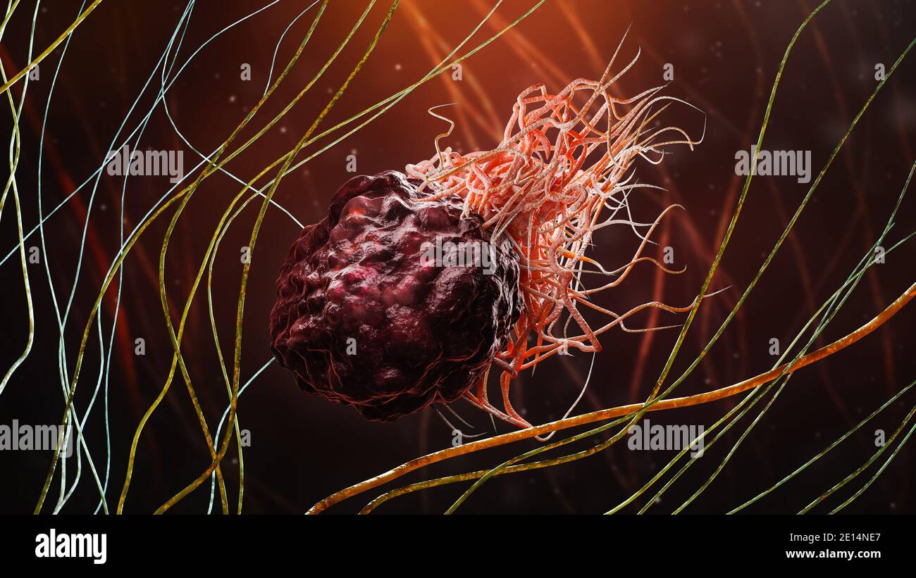 Cancer or tumor cell within fibrous tissue close-up 3D rendering ...