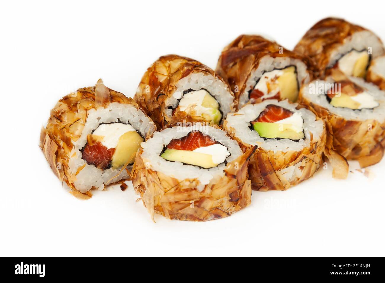 Sushi roll Bonito with smoked salmon on a white background, ingredients ...