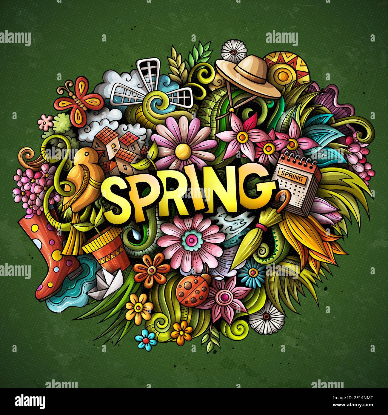 Spring hand drawn cartoon doodles illustration. Funny seasonal design ...