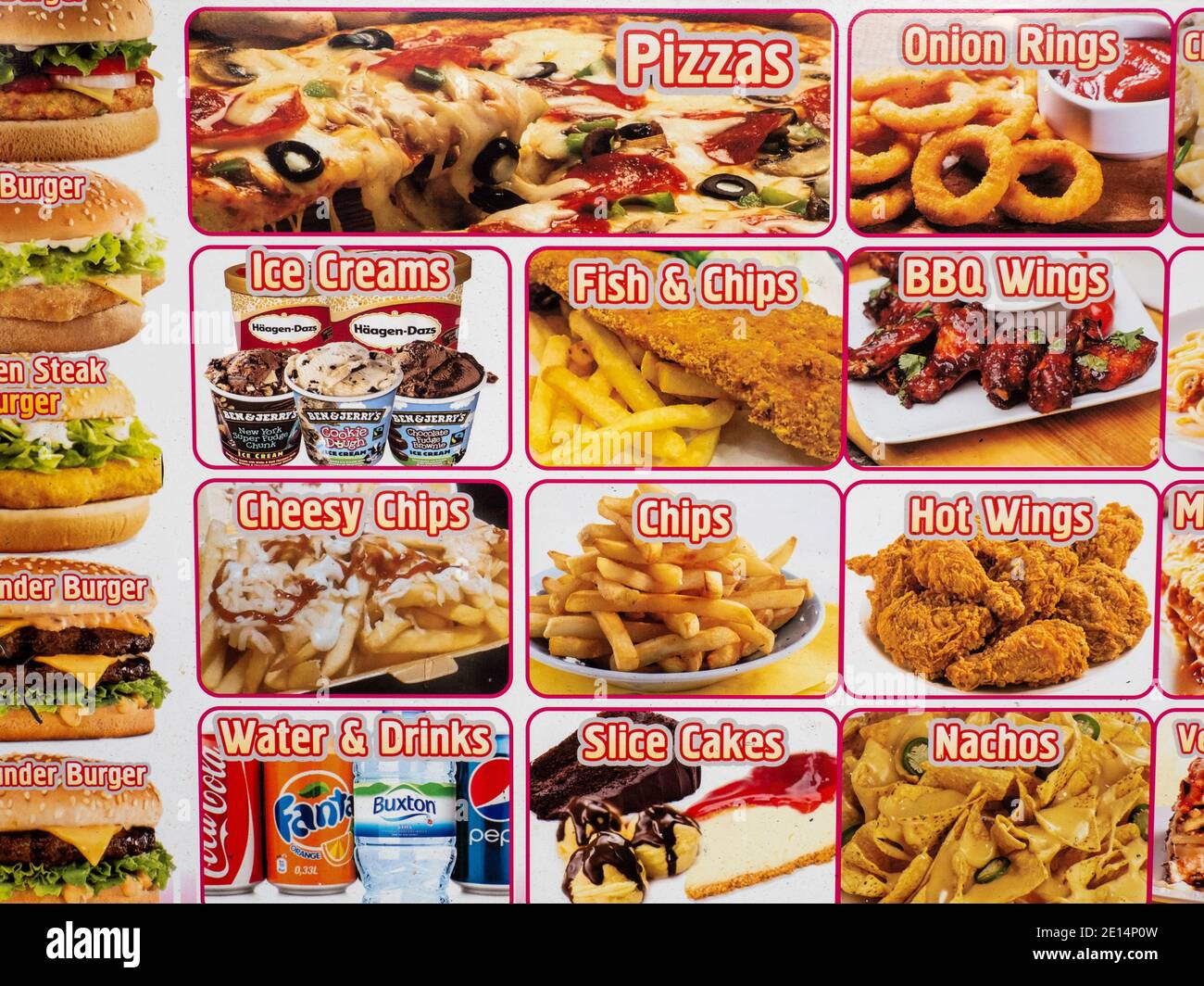 A cafe take away food menu including fish and chips Stock Photo Alamy