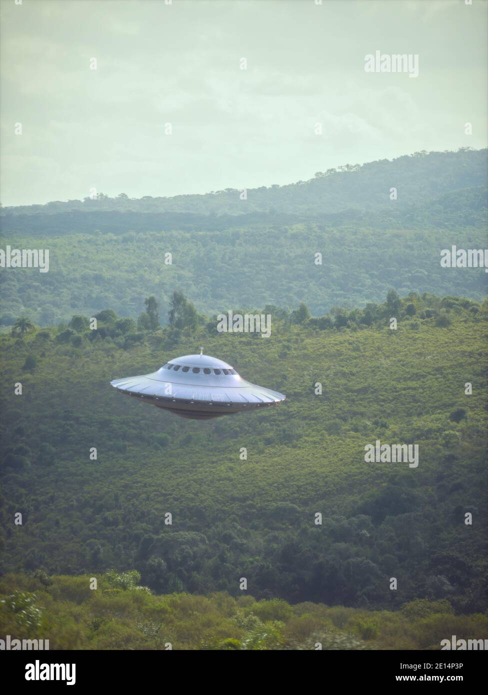 3D illustration of an UFO, unidentified flying object, gravitating over ...
