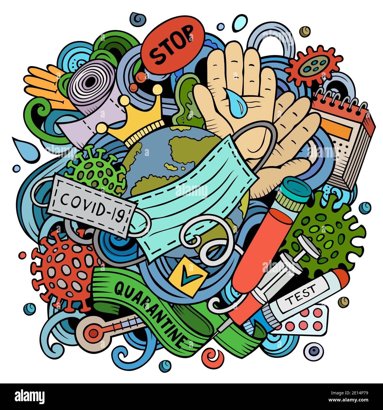 Cartoon raster doodles quarantine illustration. Bright colors epidemic ...