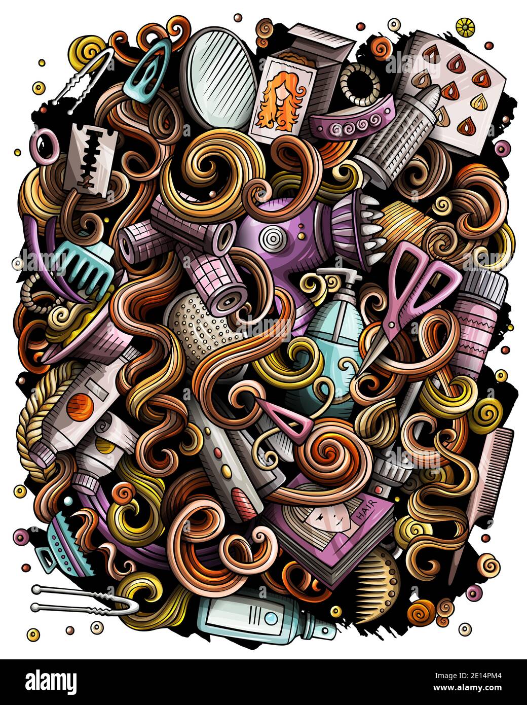 Hair salon hand drawn raster doodles illustration. Hairstyle poster ...