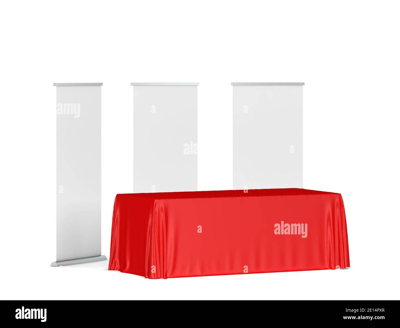 Blank tradeshow tablecloth with roll-up banners aside. 3d illustration ...