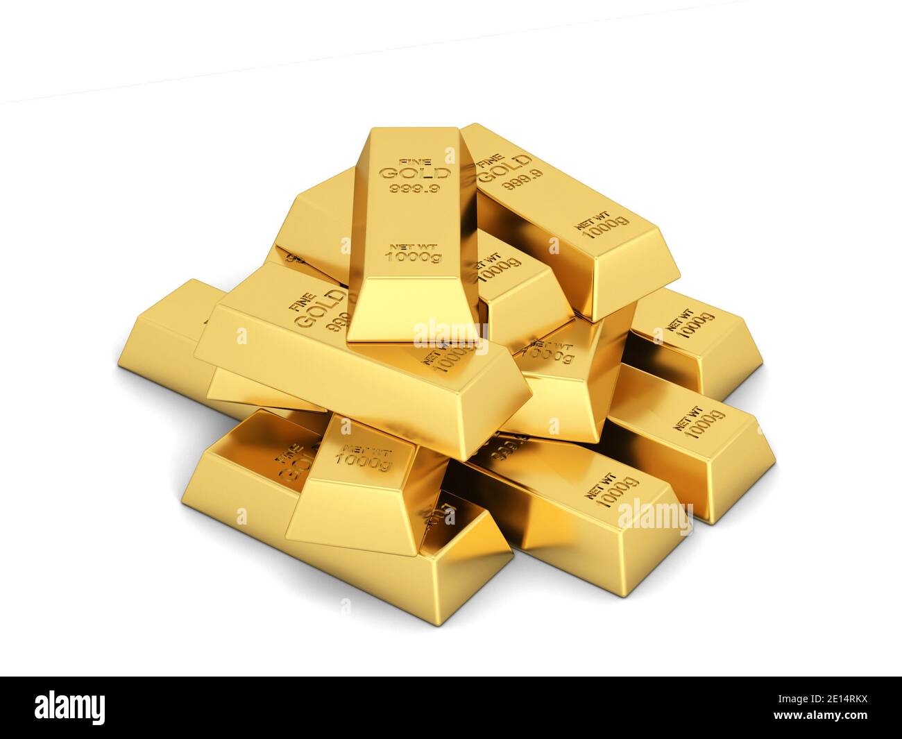 Stack of golden ingots. 3d illustration isolated on white background ...