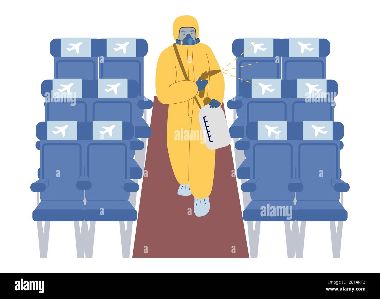 Cleaning and disinfection of aircraft cabin surfaces, flat vector ...