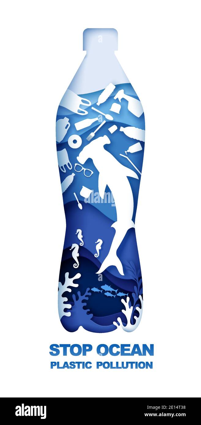 Save Ocean Stop Plastic Pollution Vector Illustration In Paper Art