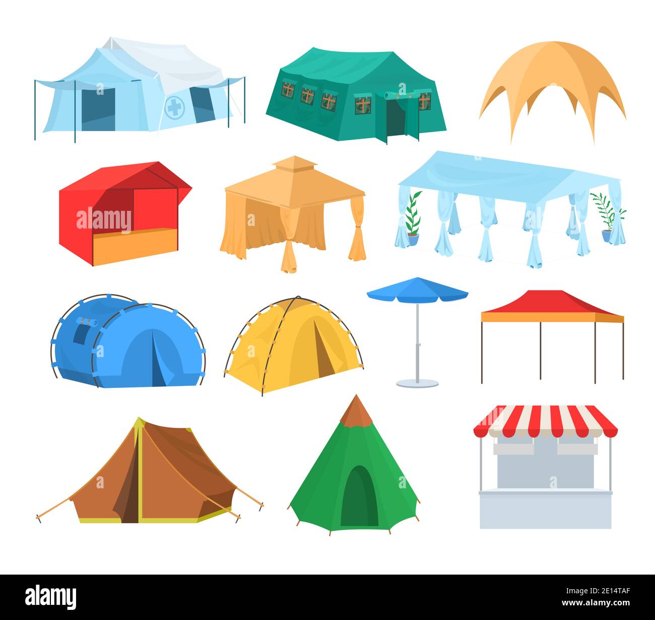 Different types of tents, flat vector illustration. Tourist, market ...