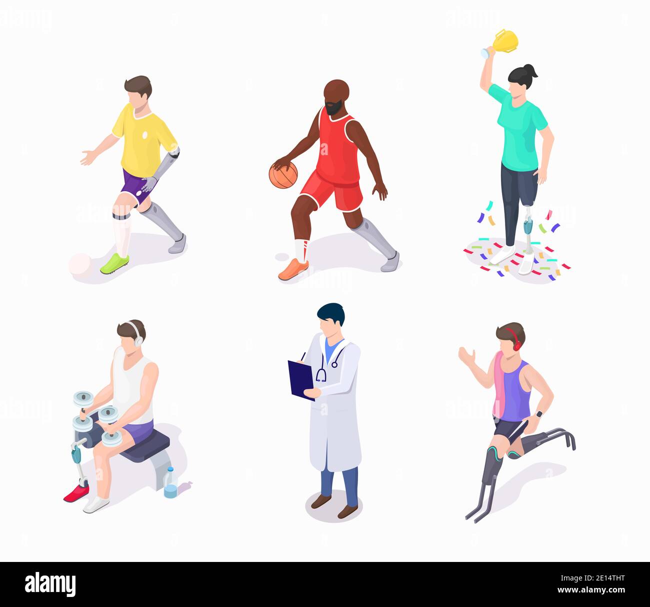 Disabled people, athletes with arm and leg prosthesis doing sport, flat ...