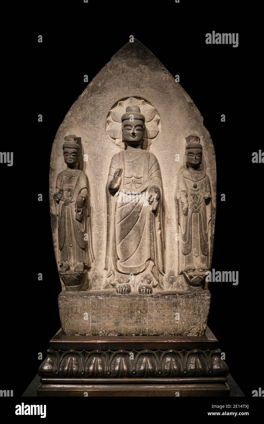 ancient standing buddha triad limestone statue image in 6th century ...