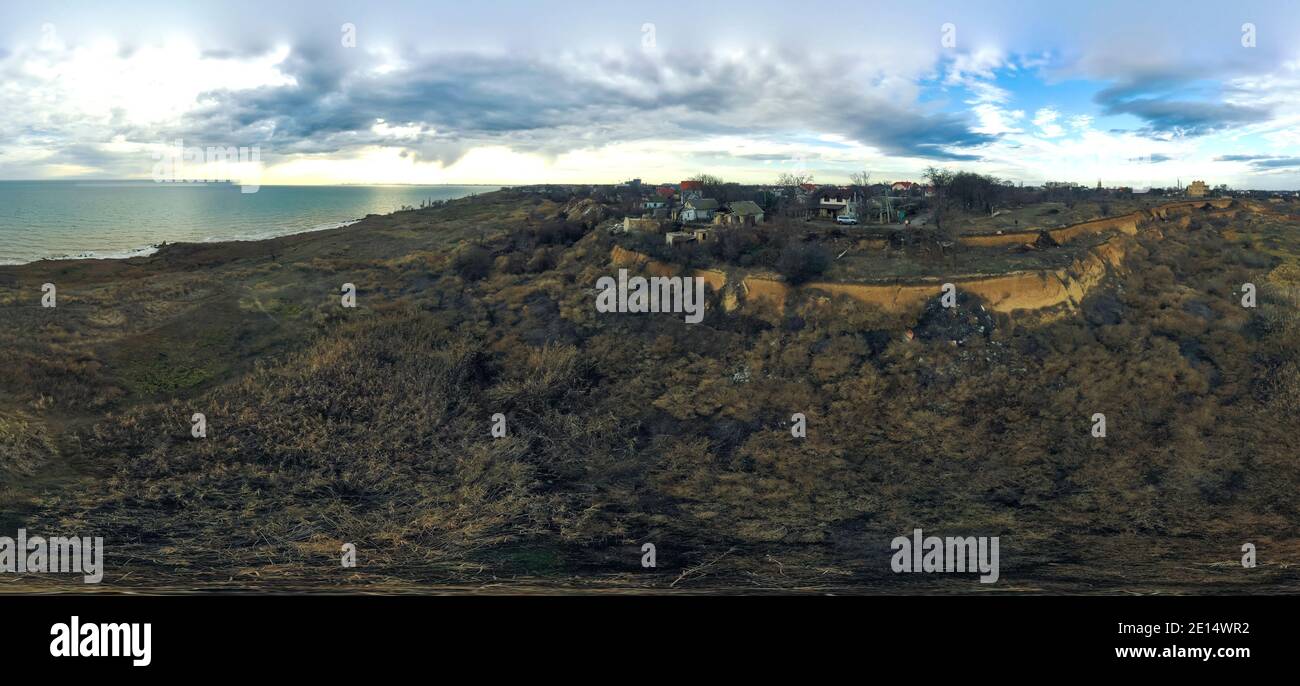 Panorama of a landslide of the Black Sea coast with destroyed houses ...