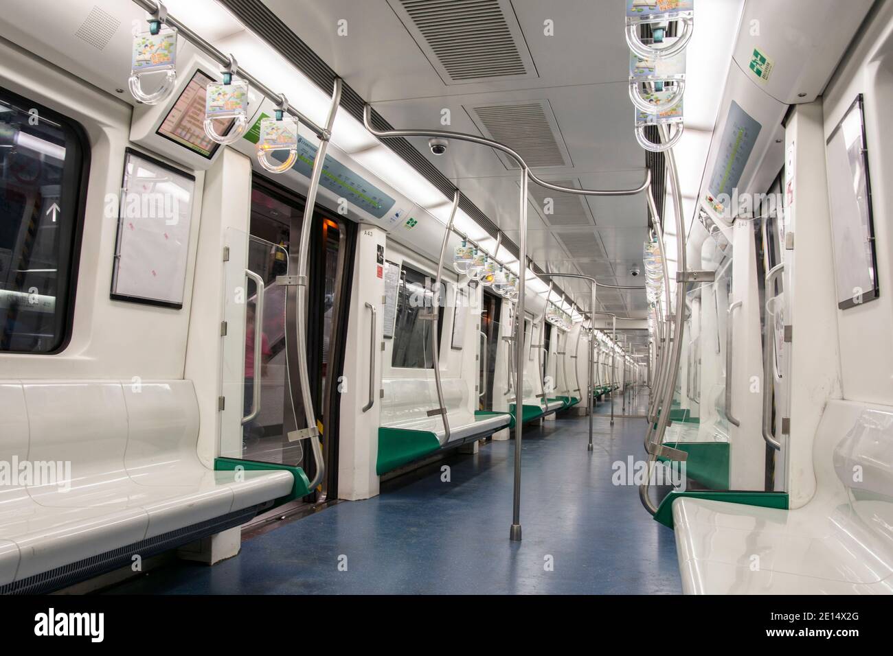 View of a modern subway train at a platform of the metro in the Chinese ...