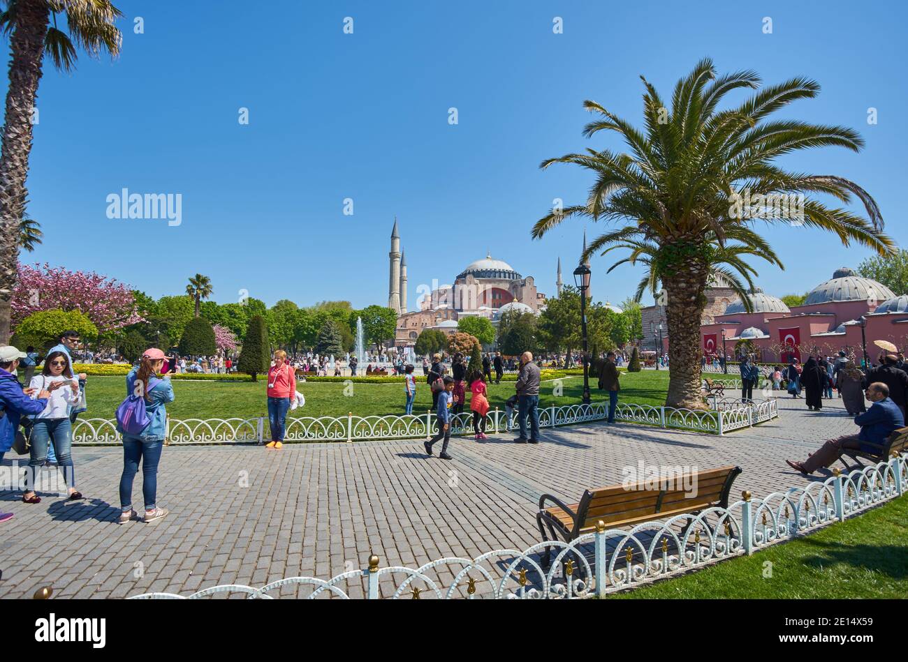 Istanbul, Turkey - April 23 2018 Low aerial view of Sultanahmet ...