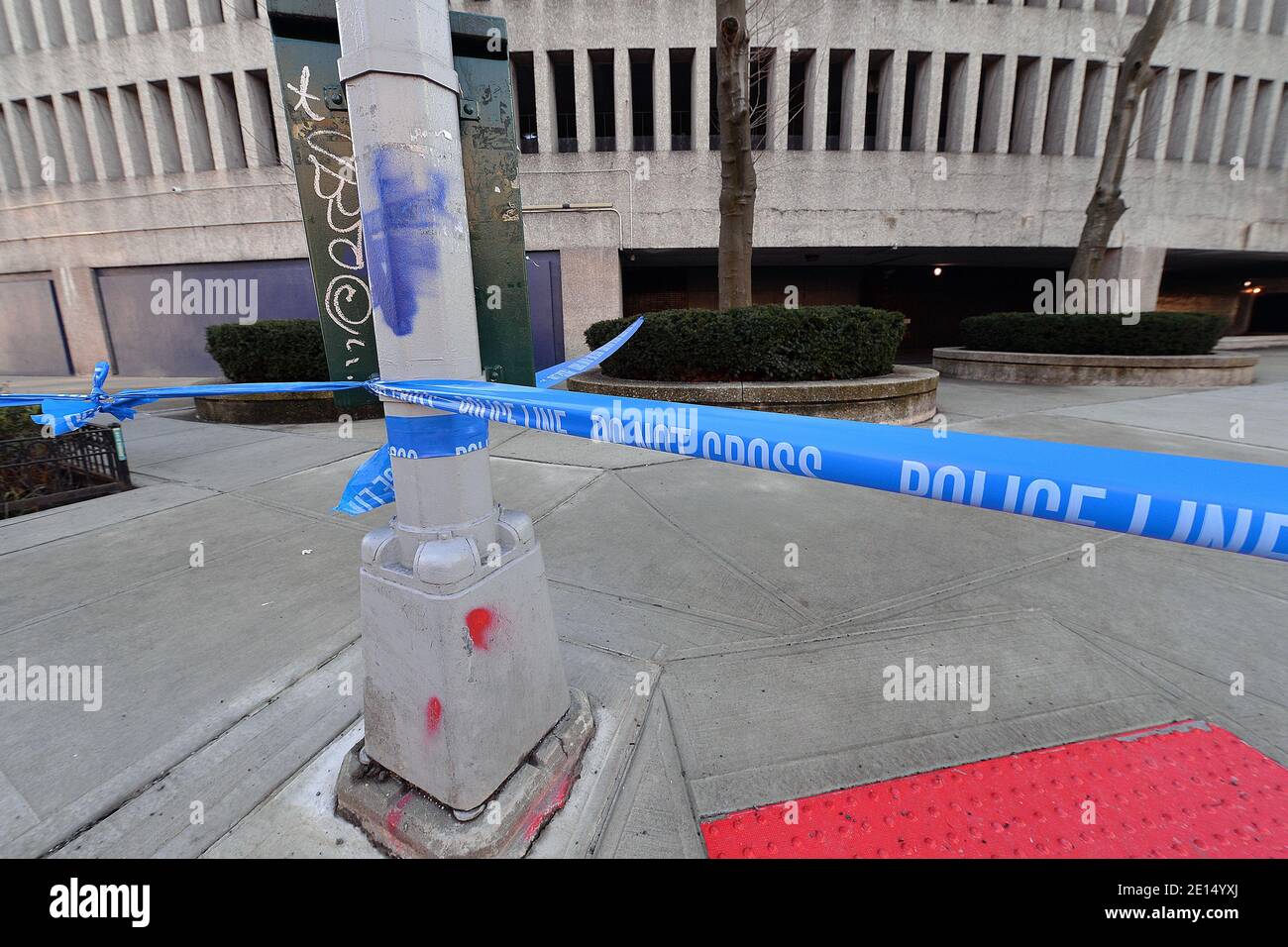 New York, USA. 04th Jan, 2021. Police tape seals off Justice Avenue ...