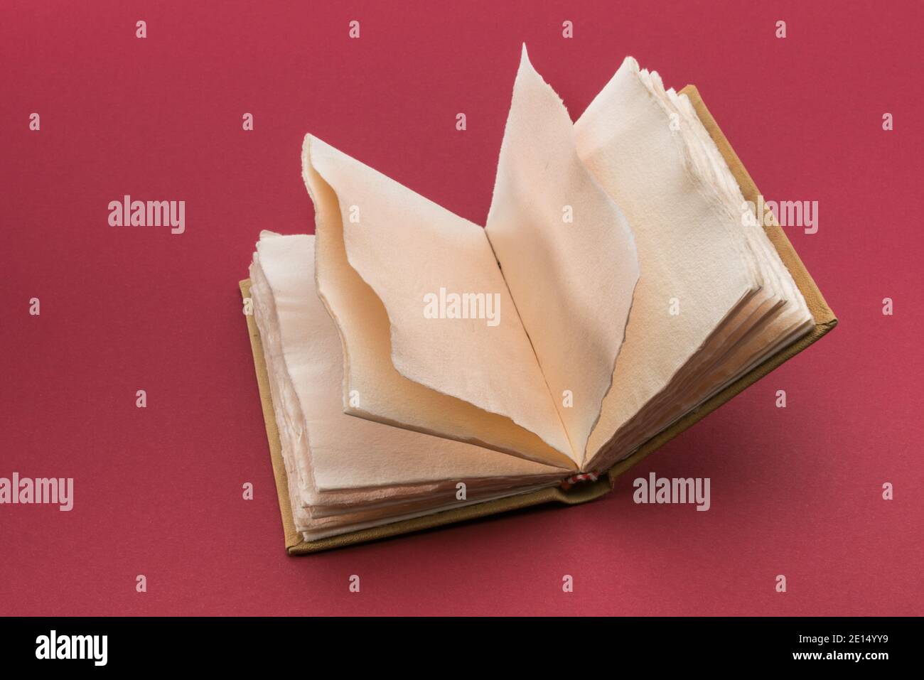 Open antique style book with pages of rough paper with jagged edges ...
