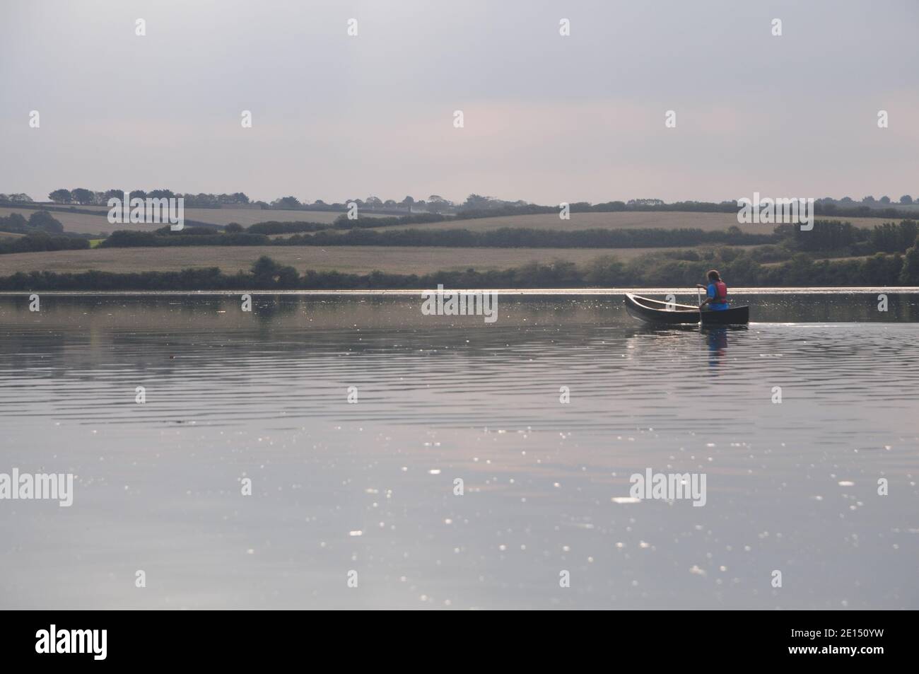 Young lady paddling a Canadian canoe in calm water on a Cornish estuary ...