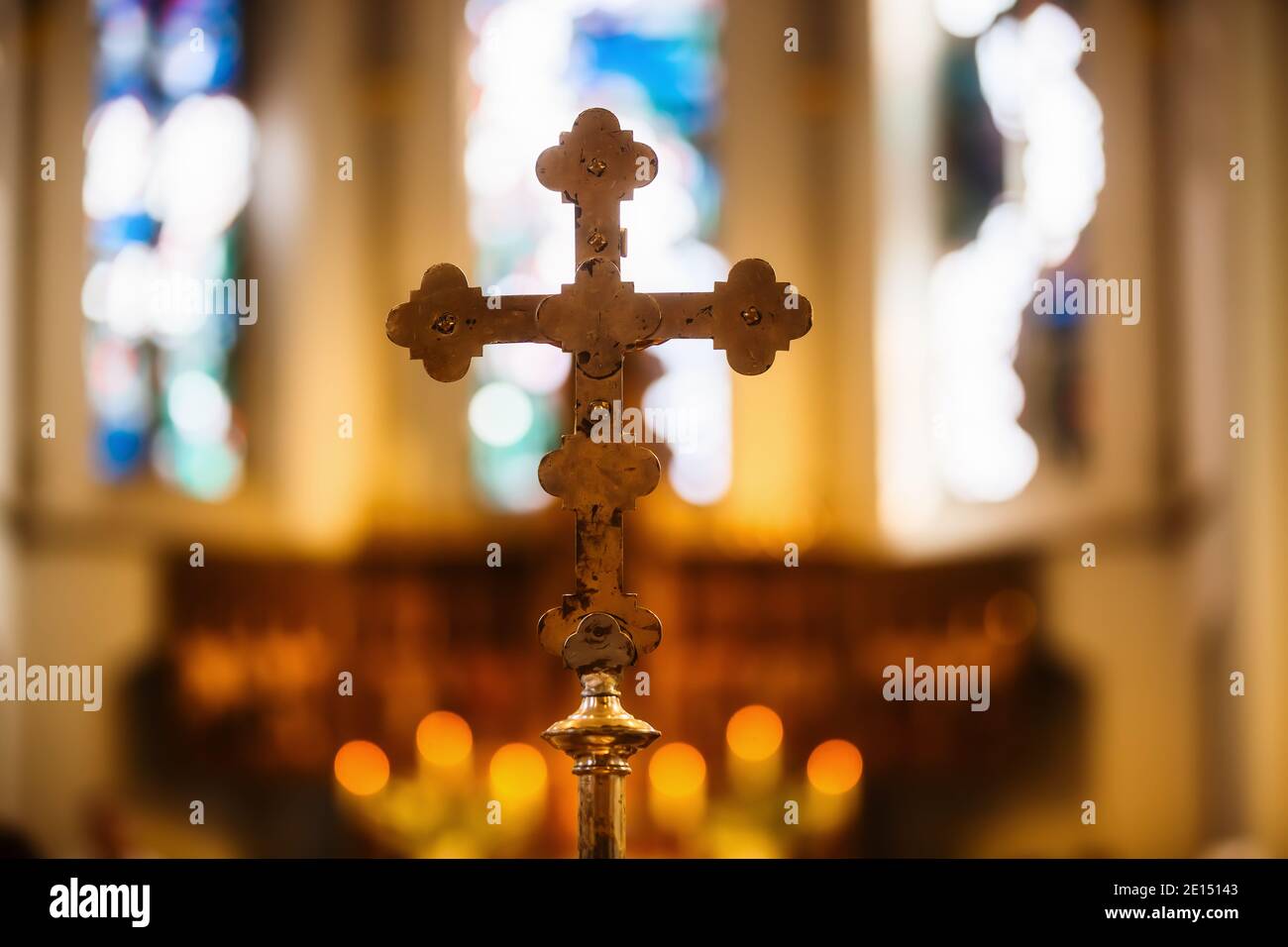 picture of a cross in front of the altar in a church Stock Photo - Alamy