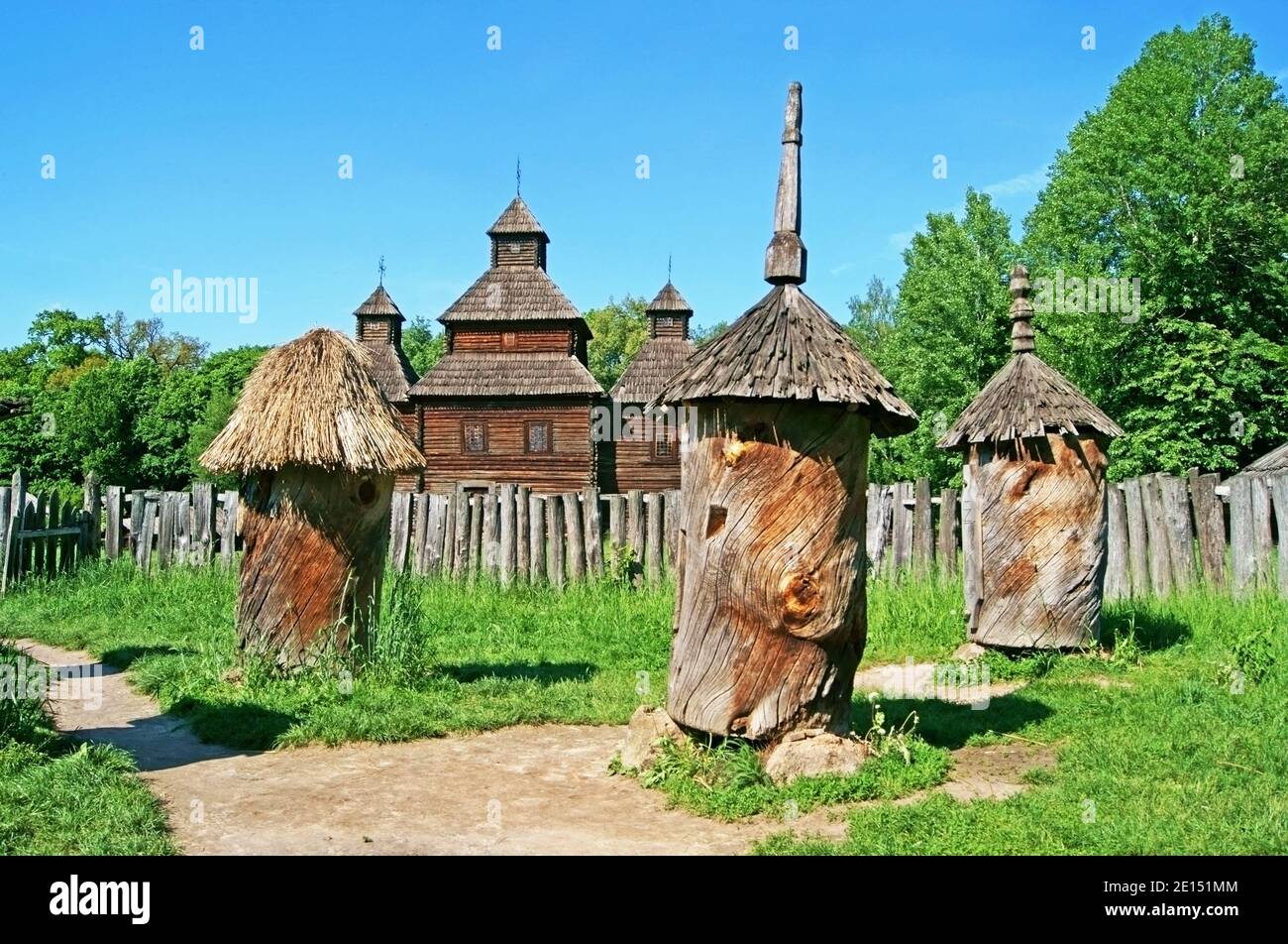 Antique wooden chapel and beehive, Pirogovo, Kyiv, Ukraine Stock Photo ...