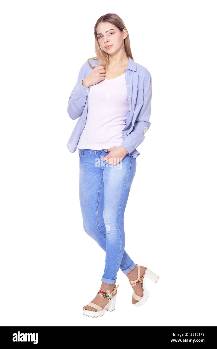Portrait of beautiful woman in blue jeans Stock Photo - Alamy